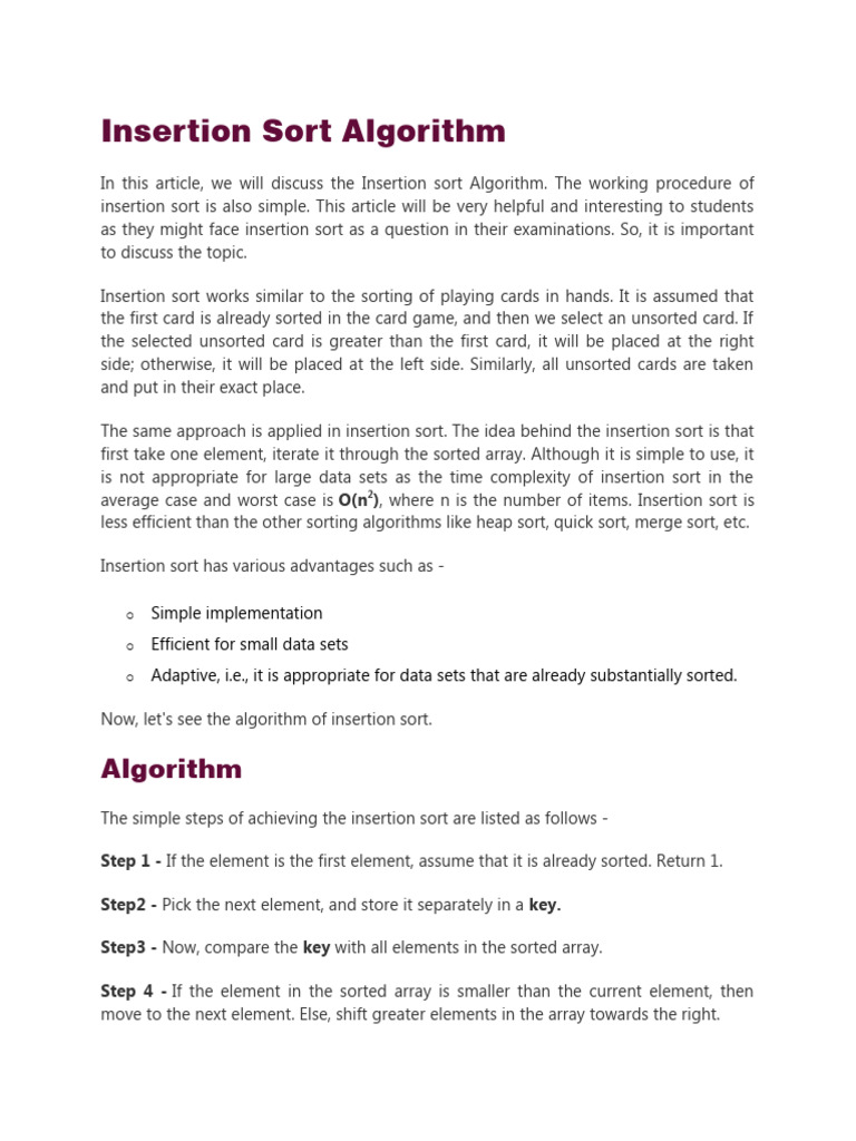 Insertion Sort Algorithm | PDF | Theoretical Computer Science | Applied ... Insertion Sort Algorithm | PDF | Theoretical Computer Science | Applied ...
