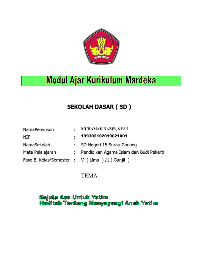 MODUL AJAR KELAS 5 BAB 1 Memahami Hadits Tentang Menyayangi Anak Yatim (Sejuta Asa Untuk Yatim ...