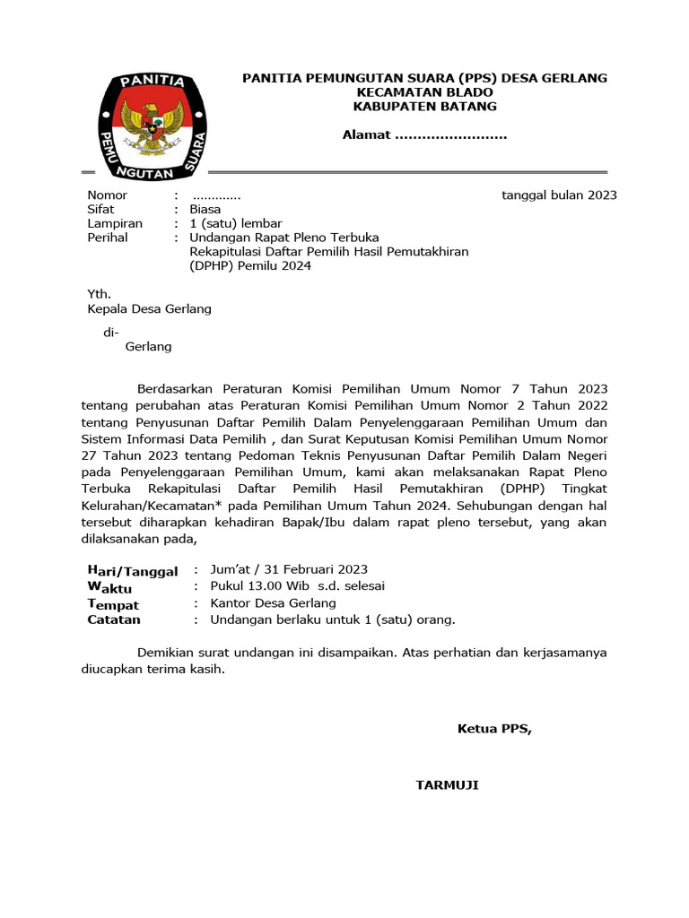 Undangan Rapat Pleno DPHP Pemilu 2024 | PDF