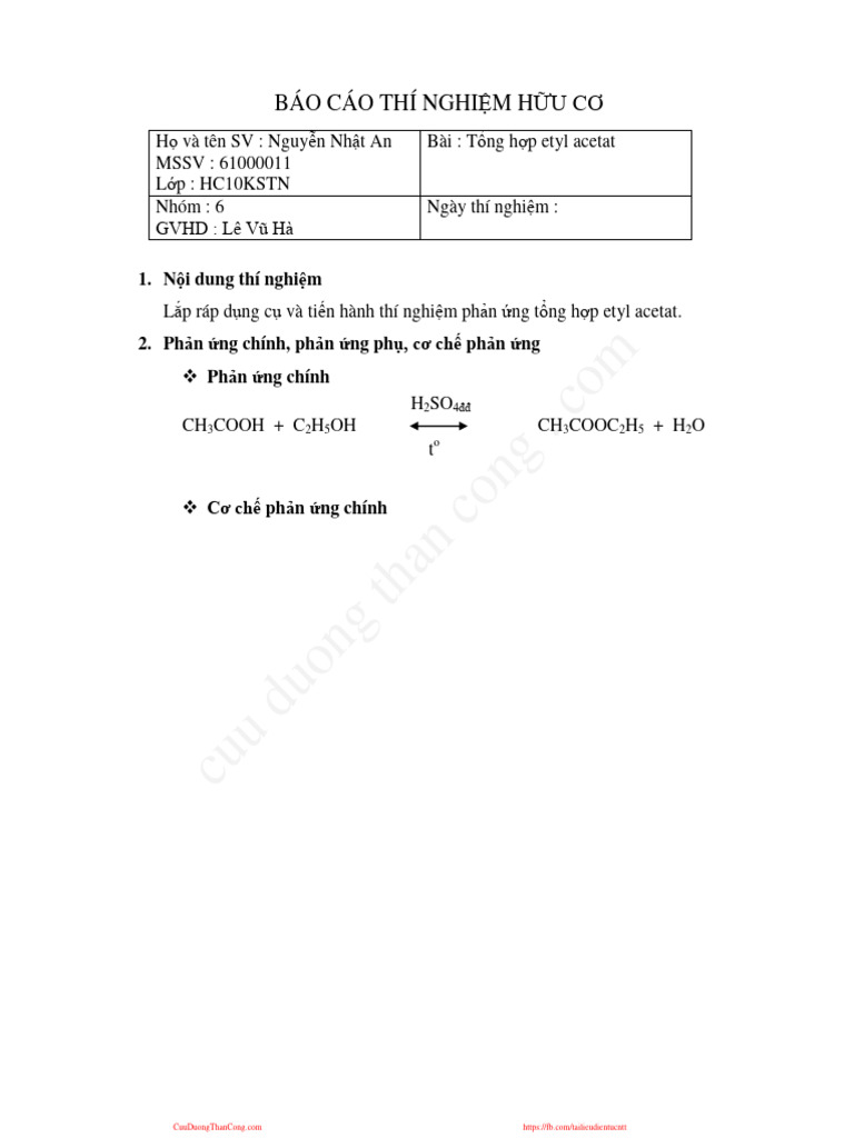 Bao Cao Thi Nghiem Bai 4 Tong Hop Etyl Acetate | PDF