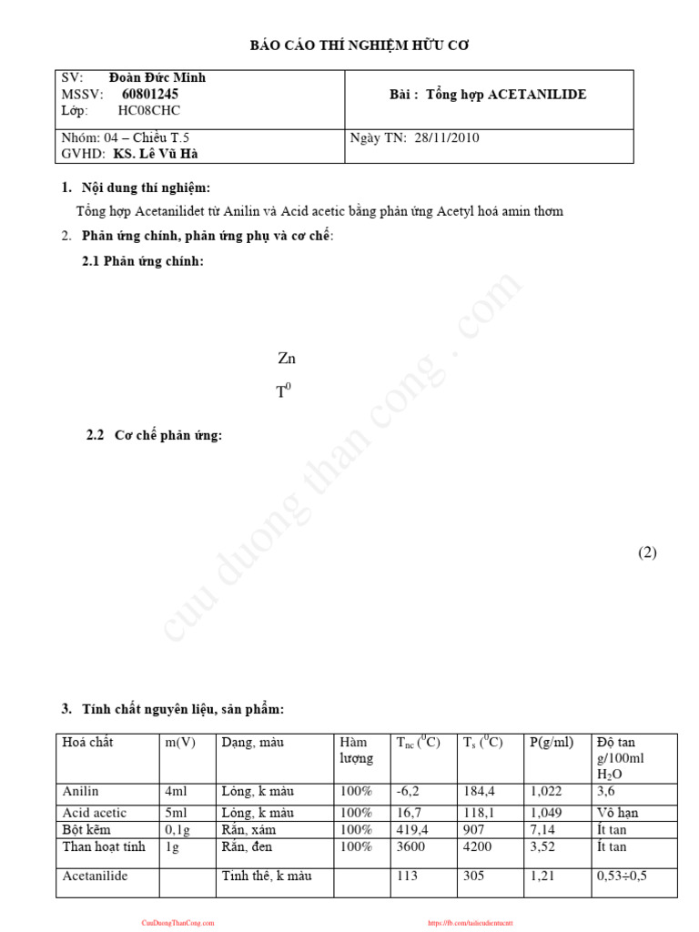Bao Cao Thi Nghiem Bai 3 Tong Hop Acetanilide | PDF