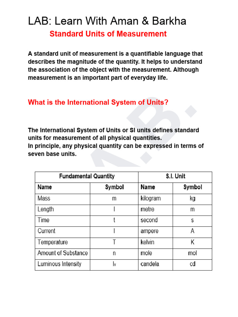 LAB: Learn With Aman & Barkha: Standard Units of Measurement | PDF ...