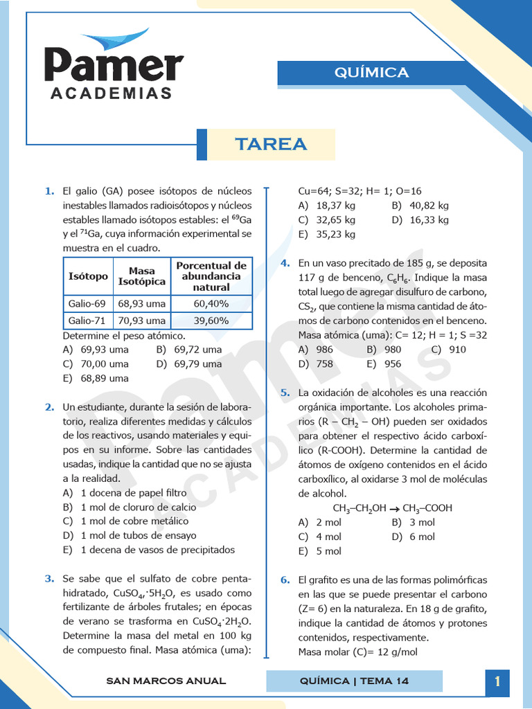 QUIMICA_Tarea Sem 14 | PDF | Mole (Unidad) | Isótopo