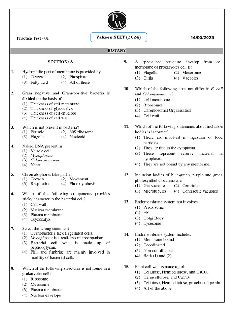 Practice Test 01: Botany Test Paper II (Yakeen NEET 2024) | PDF | Cell ...