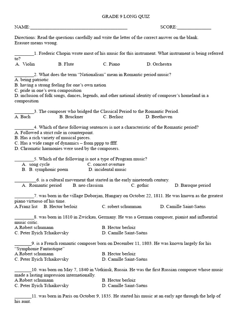 Grade 9 Long Quiz | PDF | Camille Saint Saëns | Pyotr Ilyich Tchaikovsky