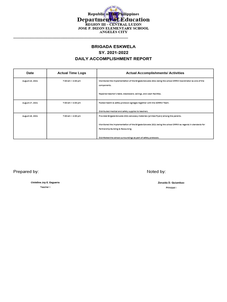 Brigada Eskwela Form 6 Daily Accomplishment Report | PDF