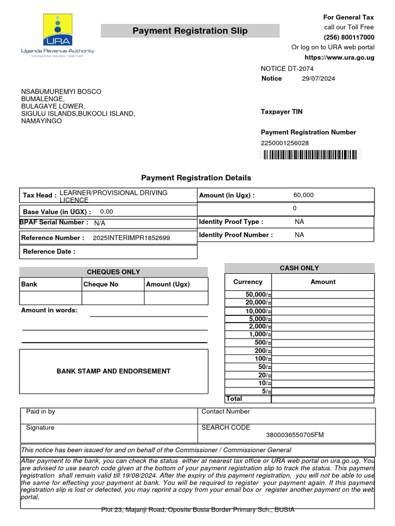 Payment Registration Slip | PDF | Payments | Cheque