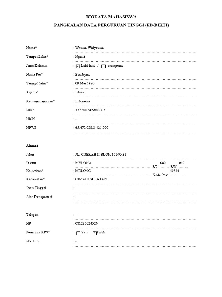 Form Biodata Mahasiswa (PD-Dikti) | PDF