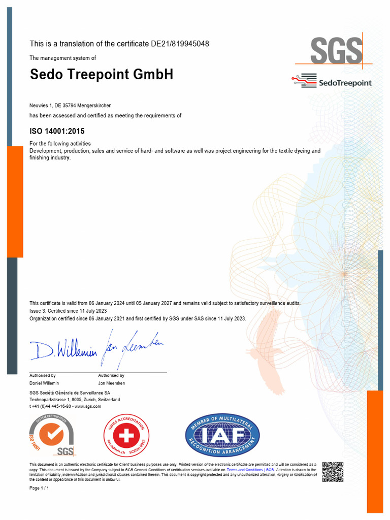 Zertifikat Sedo Treepoint GMBH 14001 - 2024 - EN | PDF