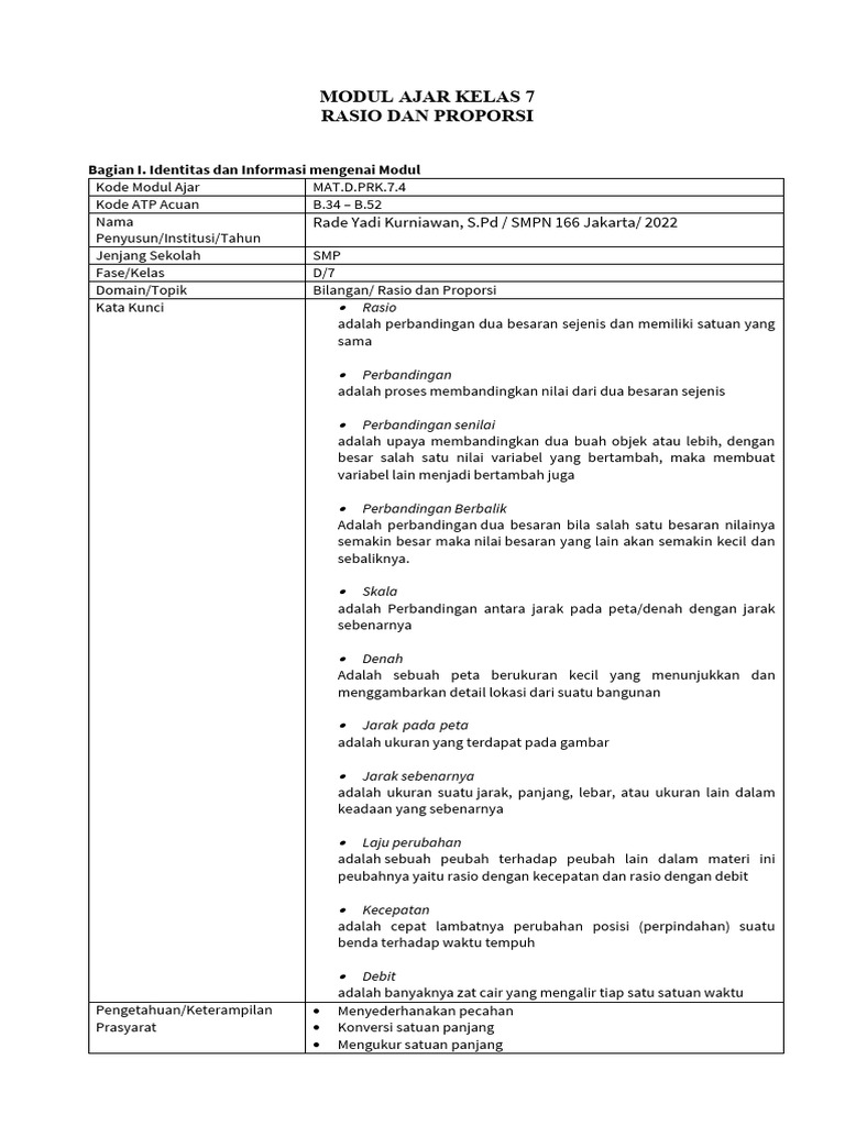 Modul Ajar Kelas 7 Bilangan, Rasio Dan Proporsi | PDF