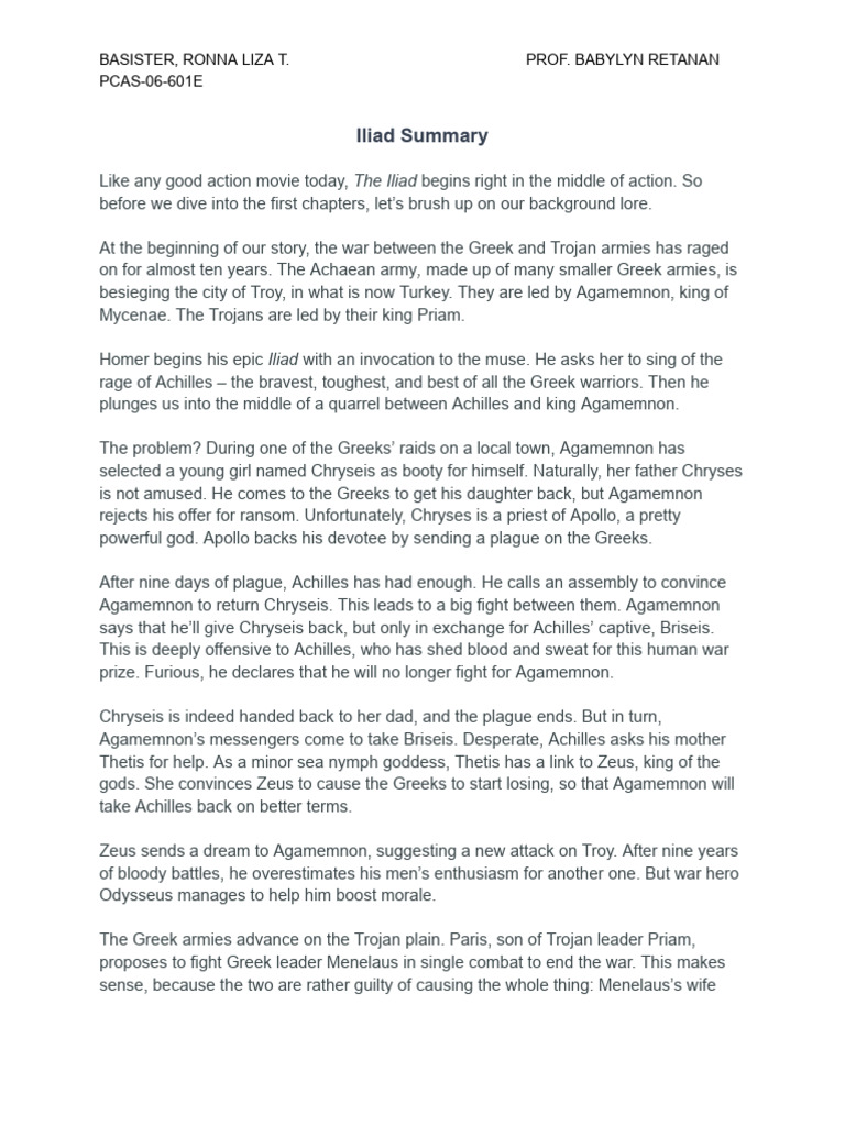 Iliad Summary | PDF | Paris (Mythology) | Odysseus