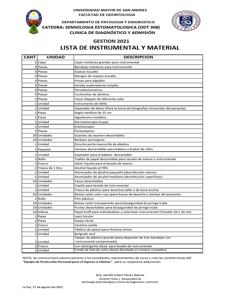 2021 Lista Instrumental y Material, Clinica DX y Adm Semiologia | PDF