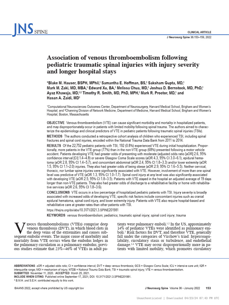 30 J Neurosurg Spine Article p153 | PDF | Thrombosis | Spinal Cord Injury