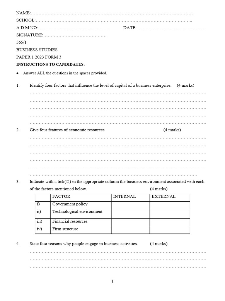 Business-Form 3-2023-End-Term-1-Teacher - Co - .Ke | PDF | Demand ...