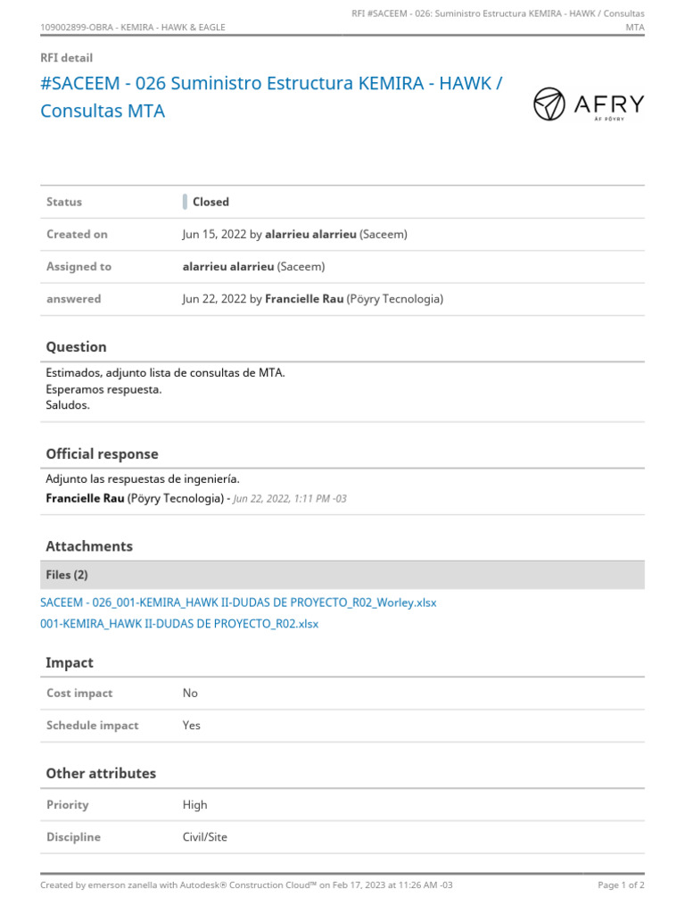 SACEEM - 026 - Suministro Estructura KEMIRA - HAWK - Consultas MTA - 02-17-23 | PDF