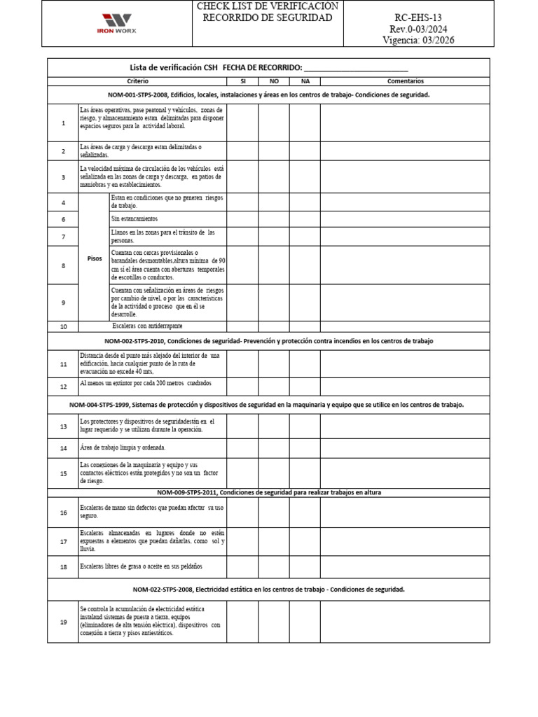 Rc-Ehs-13 Check List de Verificación Recorrido de Seguridad | PDF ...