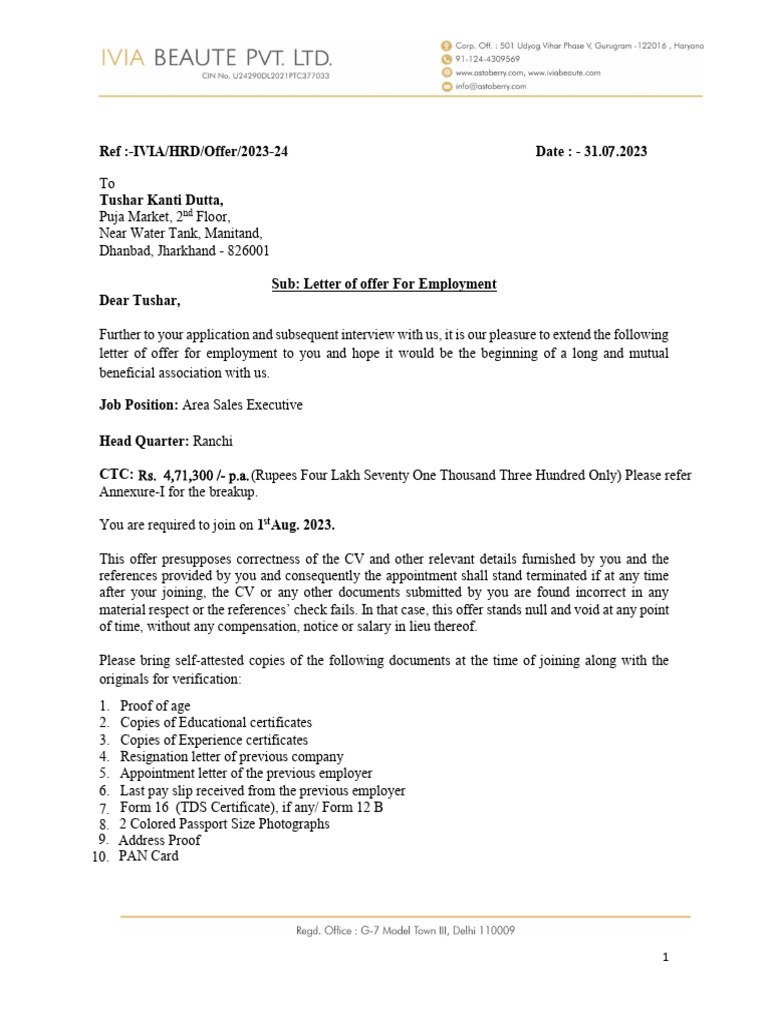 IVIA Employment Offer for Tushar Dutta | PDF | Finance & Money Management