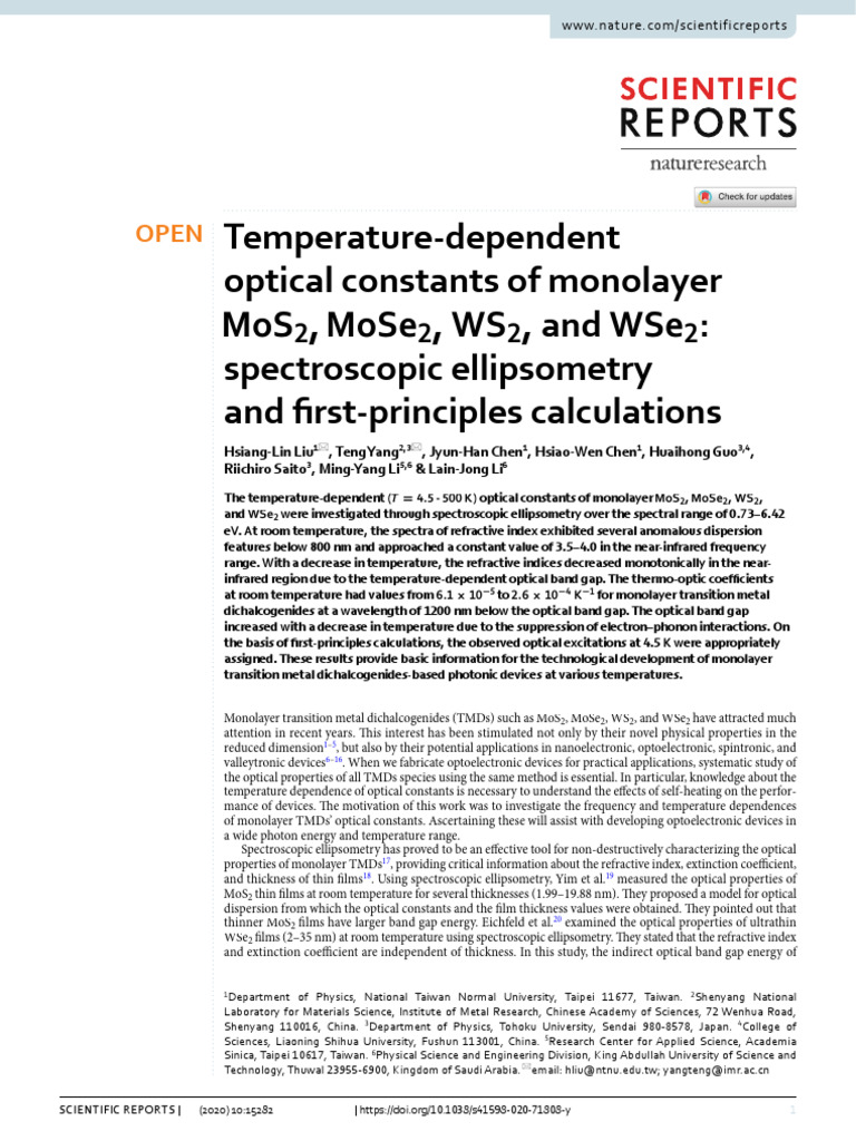 Temperature Dependent Optical Constants of Monolayer, ,, And: Spectroscopic Ellipsometry and ...