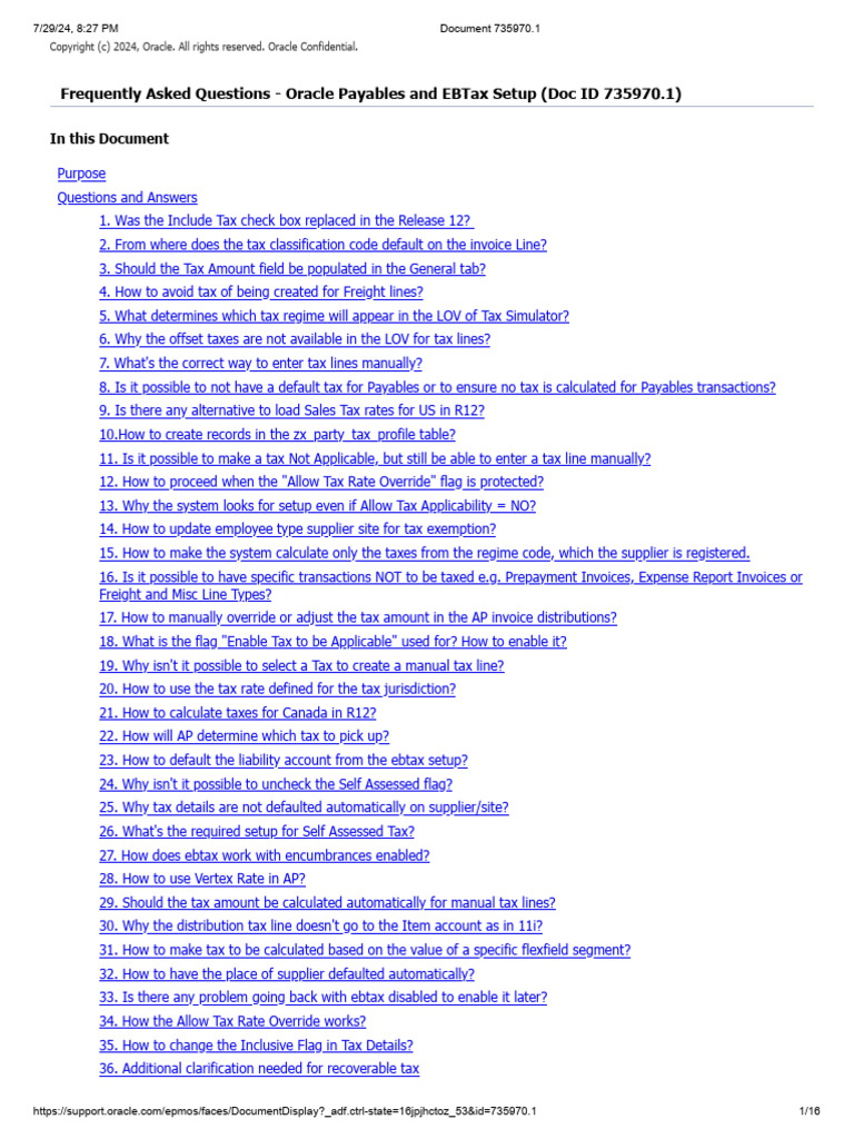 Frequently Asked Questions - Oracle Payables and EBTax Setup | PDF ...