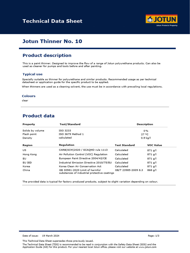 Jotun Thinner No. 10: Technical Data | PDF | Paint | Volatile Organic ...