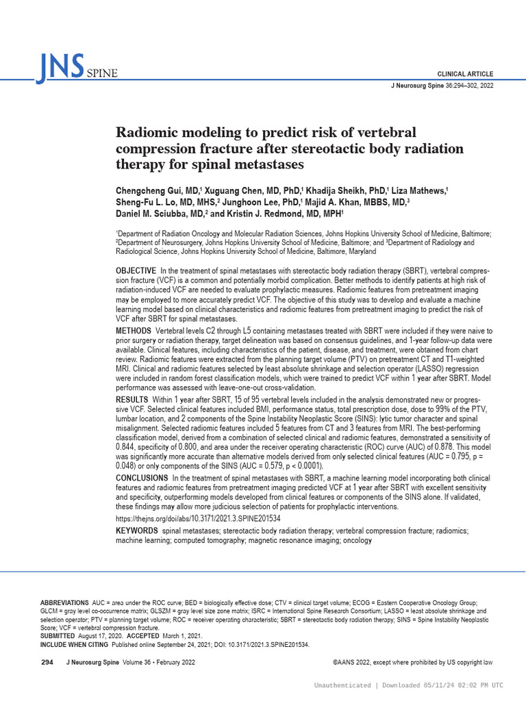 J Neurosurg Spine Article p294 | PDF | Receiver Operating ...