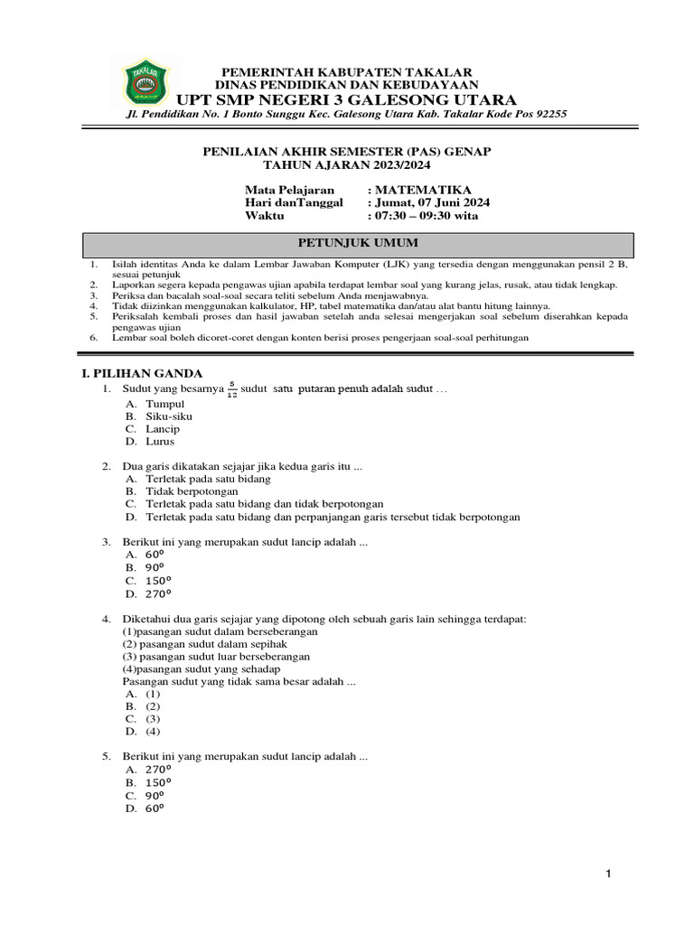 Soal Sumatif Pas Genap - Matematika Kelas 7 | PDF
