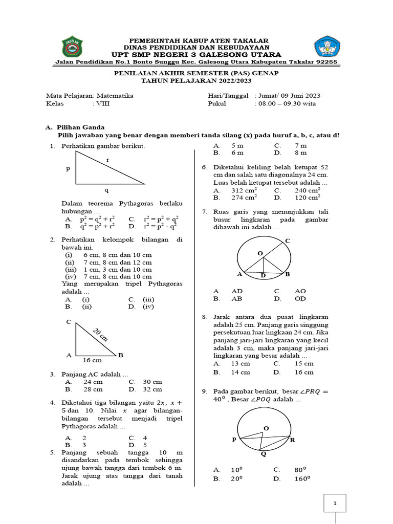 Soal PAT Matematka VIII Semester Genap 2023 | PDF