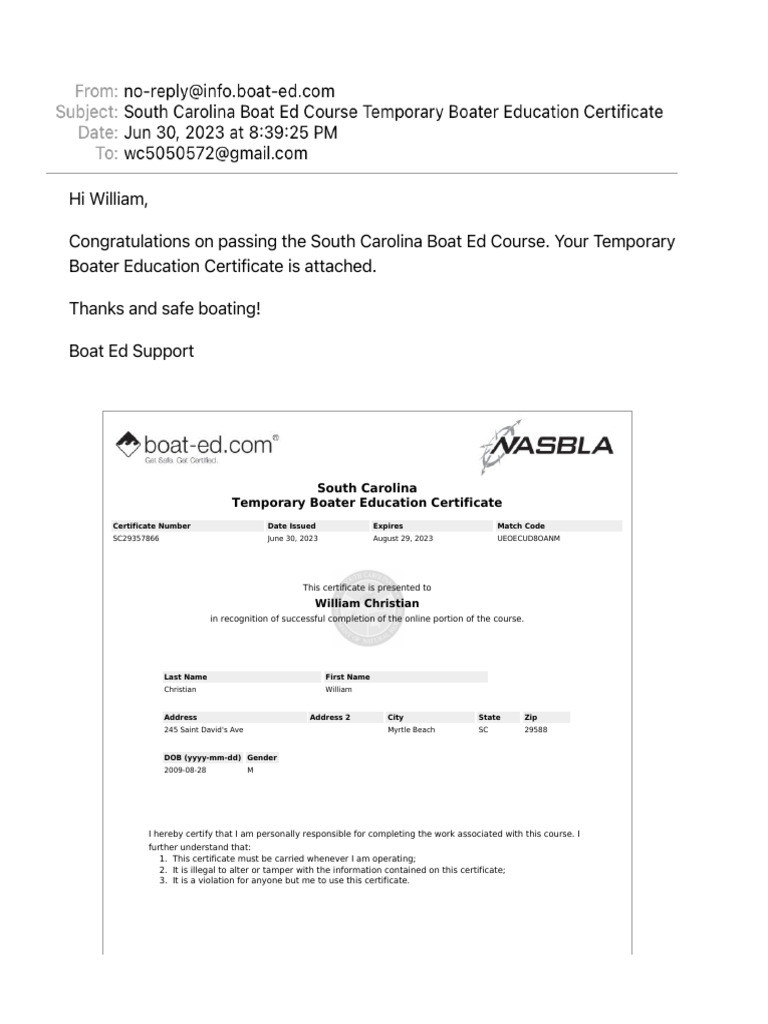 South Carolina Boat Ed Course Temporary Boater Education Certificate | PDF