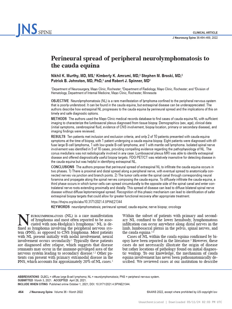 J Neurosurg Spine Article p464 | PDF | Lymphoma | Spinal Cord