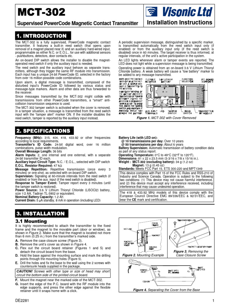 MCT-302 Door Transmitter | PDF | Switch | Transmitter