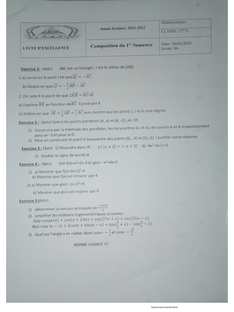 Composition Du 1er Semestre 20222023 Seconde C | PDF