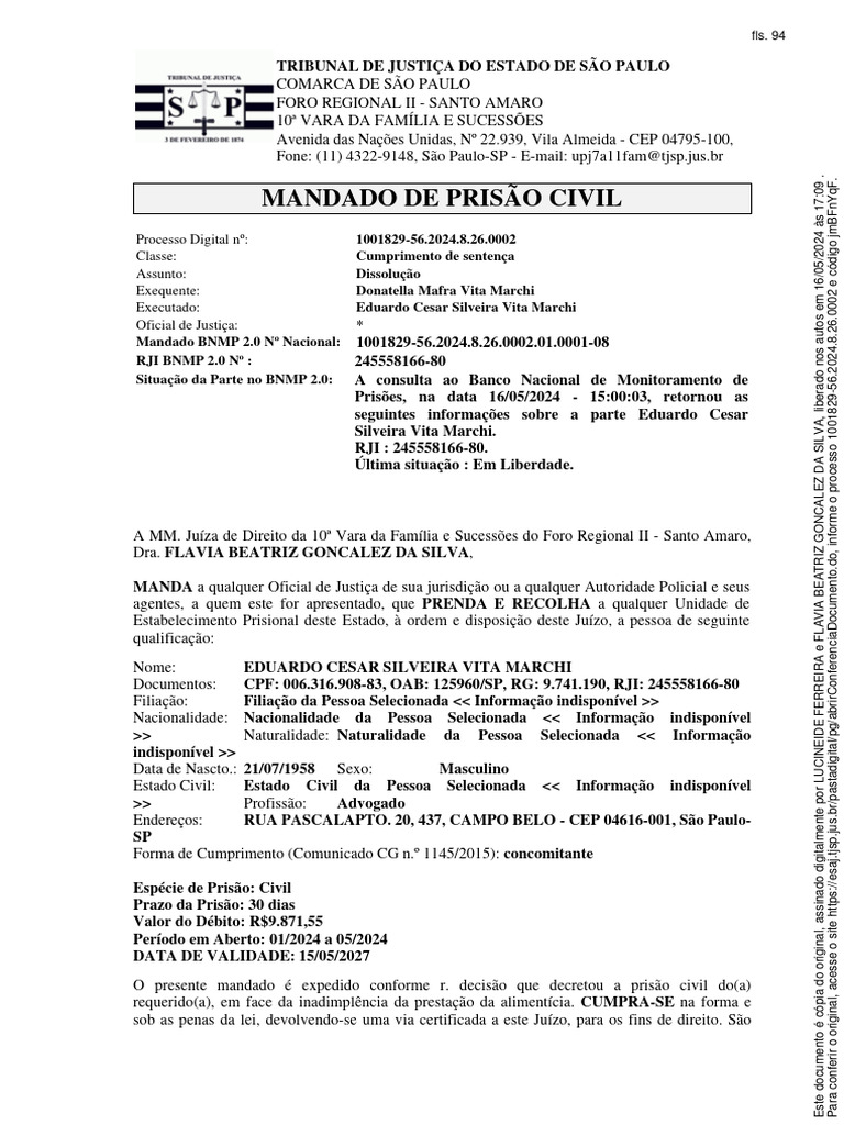 Mandado de Prisão Civil: Processo Digital Nº: Classe: Assunto ...