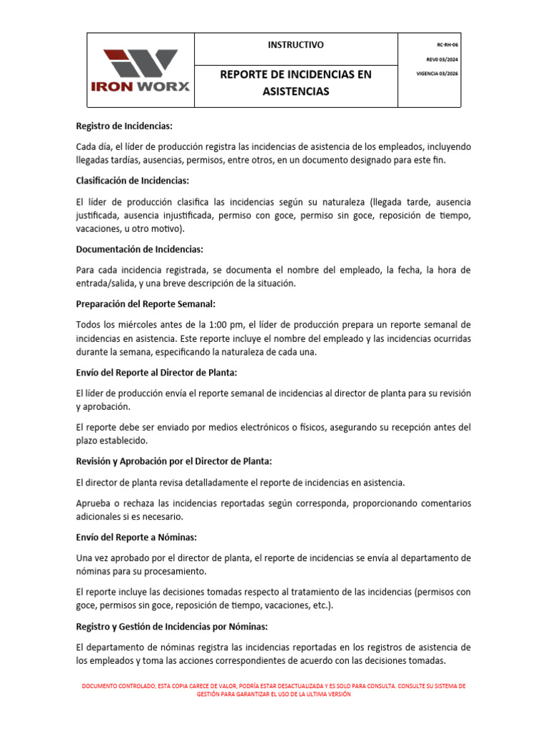 PRO-RH-06 Reporte de incidencias en asistencia | PDF