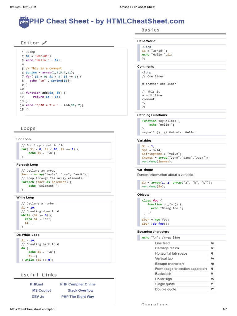PHP Cheat Sheet | PDF | Php | Scope (Computer Science)