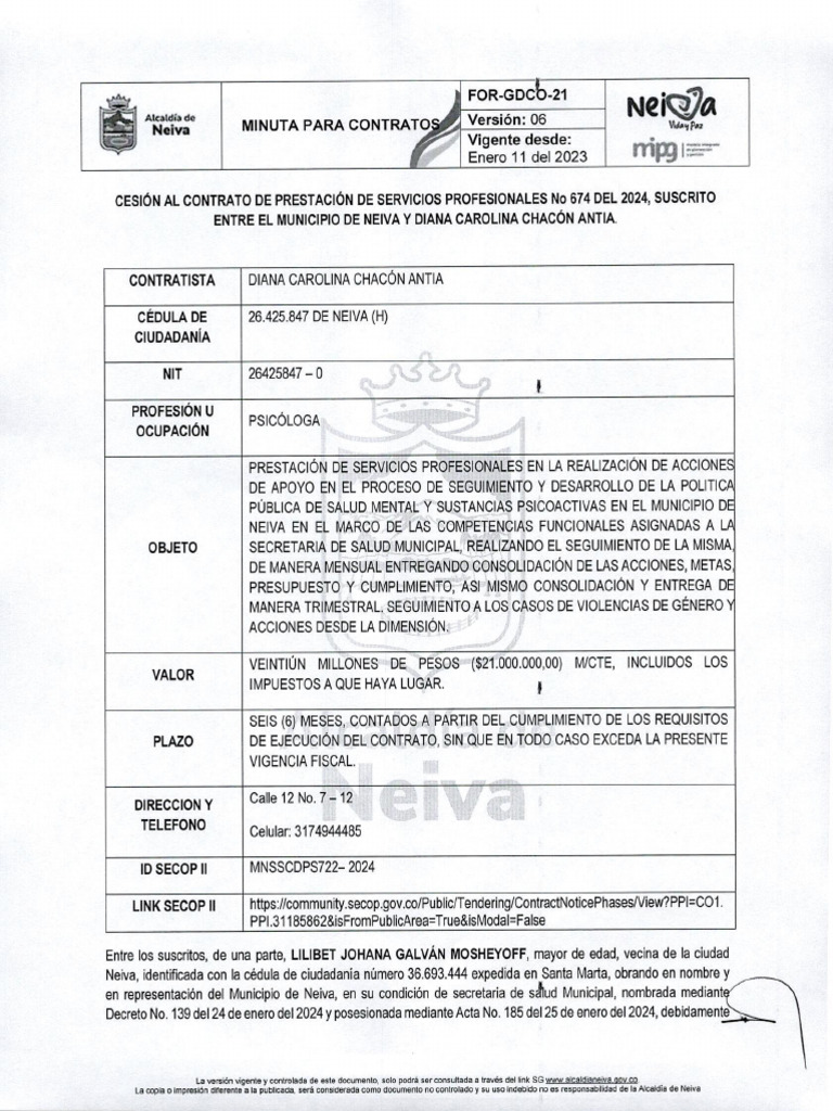 Cesion Del Cto 674-2024 Diana Carolina Chacon Antia y Esperanza Rivera - 0001 | PDF