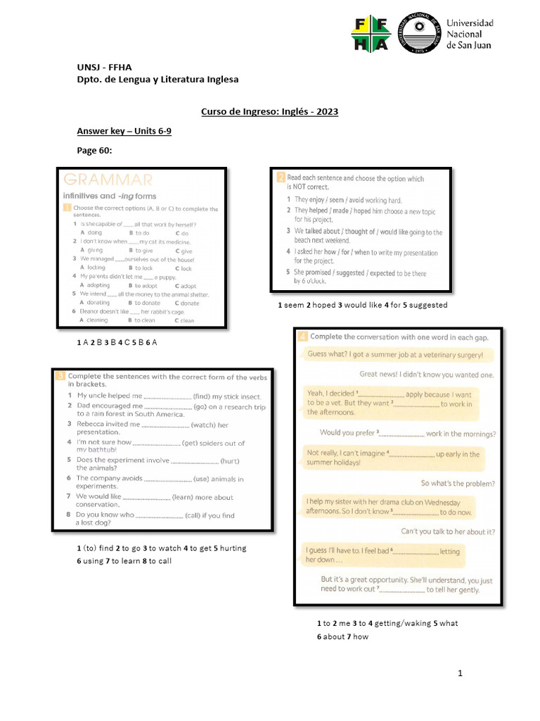 Answer Key Units 6-9 | PDF | Adjective | Verb