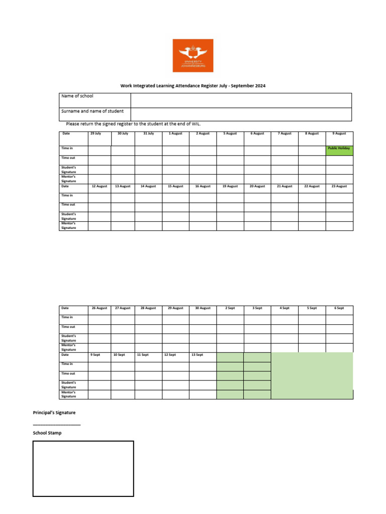 Attendance Register Seven Week Wil 2024 | PDF