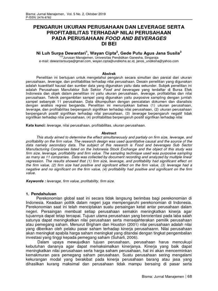 Endrawan, PENGARUH UKURAN PERUSAHAAN DAN LEVERAGE SERTA PROFITABILITAS ...
