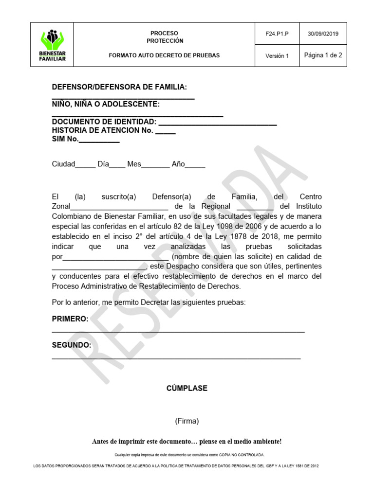f24.p1.p Formato Auto Decreto de Pruebas v1 | PDF | Justicia | Crimen y violencia
