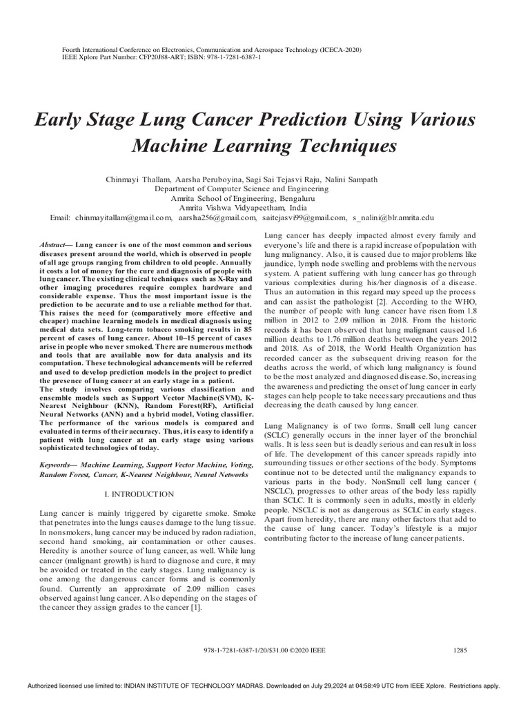 Early Lung Cancer Prediction Models | PDF | Machine Learning | Support ...