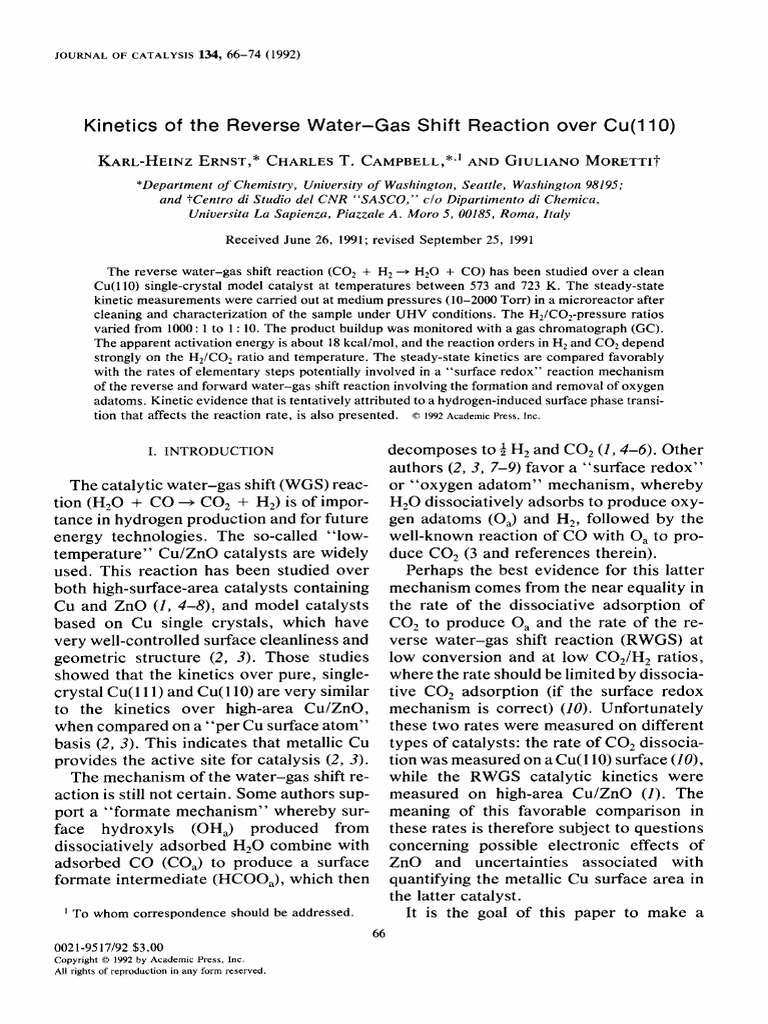 Kinetics Of The Reverse Water Gas Shift Reaction Over Cu Pdf