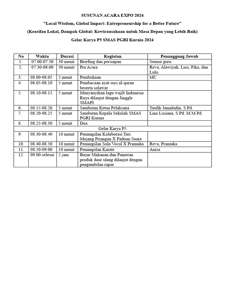 Susunan Acara Expo 2024 Kewirausahaan | PDF