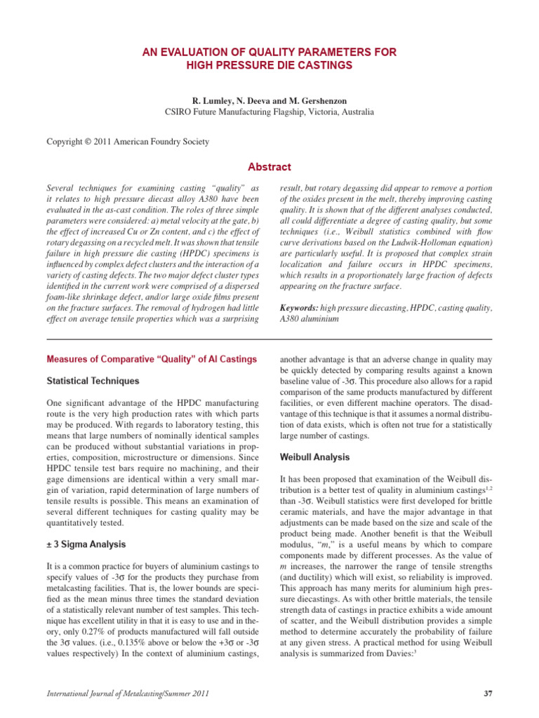 An Evaluation of Quality Parameters For High Pressure Die Castings ...