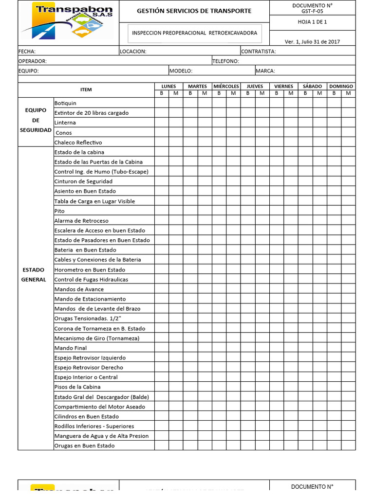 GST-F-05 Inspeccion Preoperacional Retro Excavadora | PDF | Coche ...