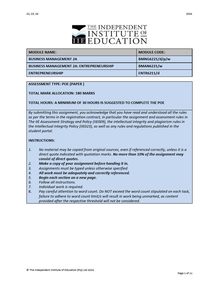 BMNG6221 Poe | PDF | Entrepreneurship | Marketing