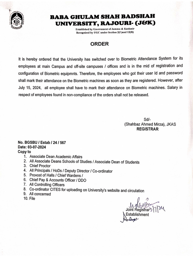 Order Regarding Biometric Attendance. | PDF