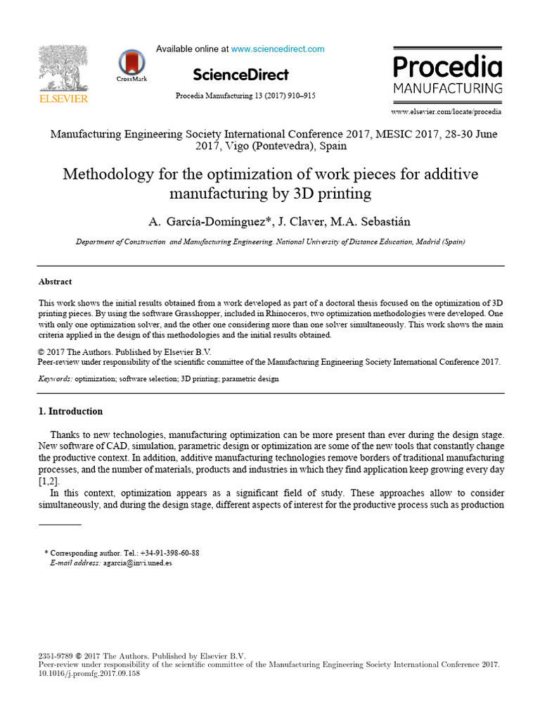 Methodology For The Optimization of Work Pieces For Additive Manufacturing by 3D Printing | PDF ...