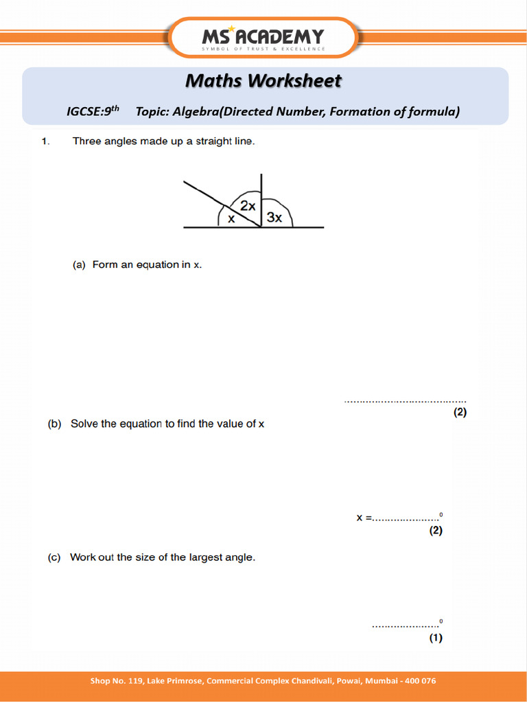 IGCSE Maths Worksheet of Grade 9th - Algebra (1) | PDF