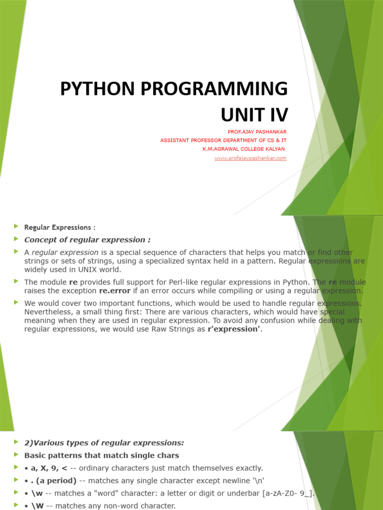 Python Programming Unit IV | PDF | Regular Expression | Software ... Python Programming Unit IV | PDF | Regular Expression | Software ...