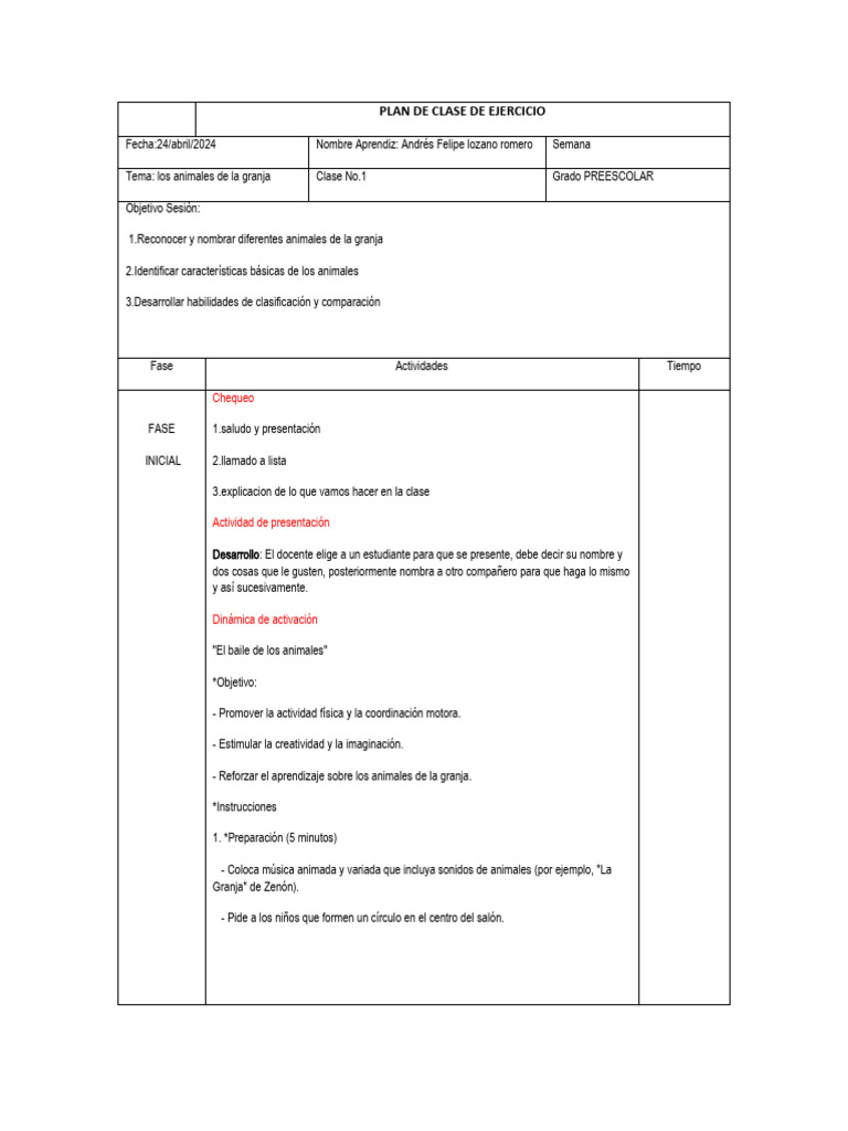 Plan Clase #1 para Grado Preescolar | PDF